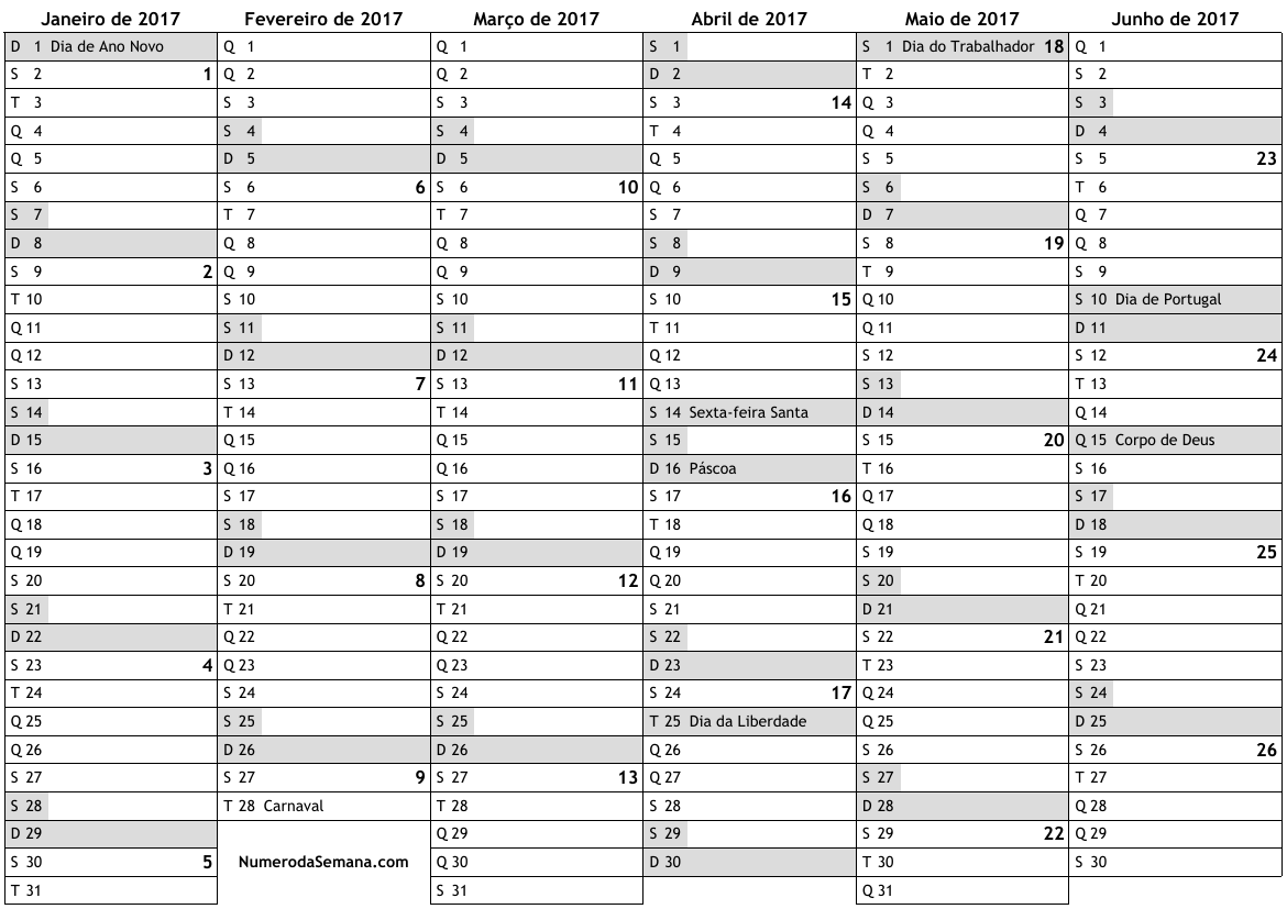Calendário 2017 com feriados e números de semana … almanaques, online ...