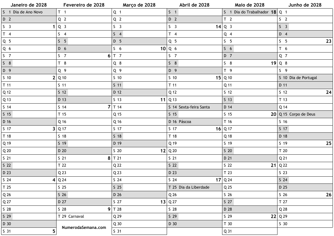 Calendário 2028 com feriados e números de semana … almanaques, online ...